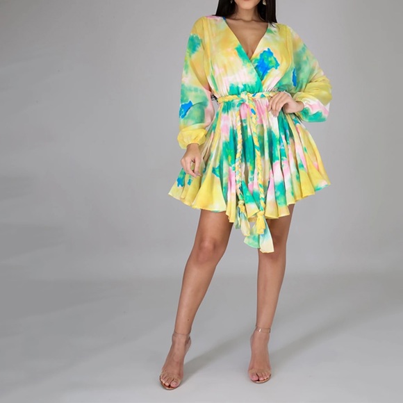 Dresses | Multi Color Yellow Tie Skater Dress | Poshmark